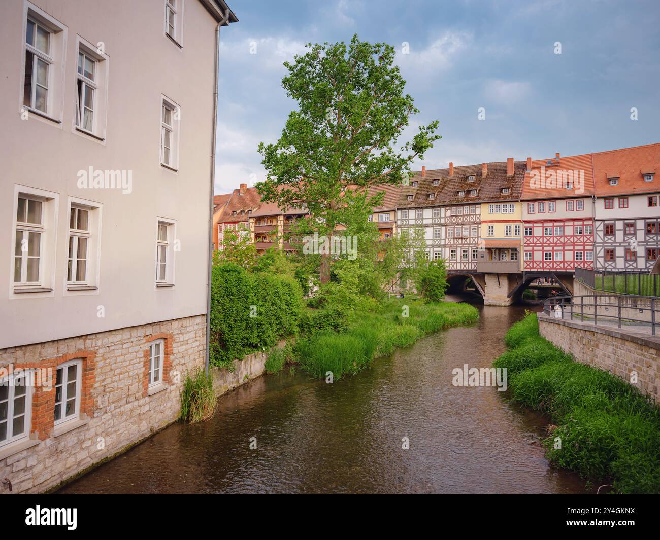 Erfurt, Germany - May 21, 2023: ancient houses on the banks of the Gera ...