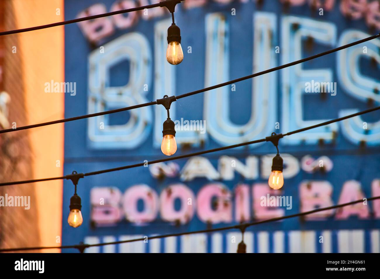String Lights and Blues Bar Glow in Nashville Evening Street View Stock ...