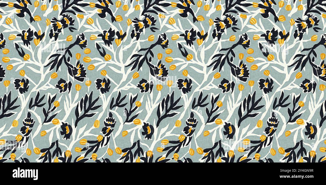 Modern printed fabric flower block print pattern with linen texture ...