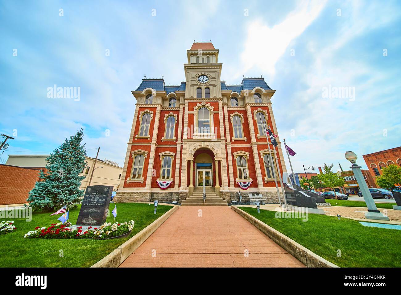 Defiance County Courthouse Ohio with Memorial and Flags Low Angle View ...