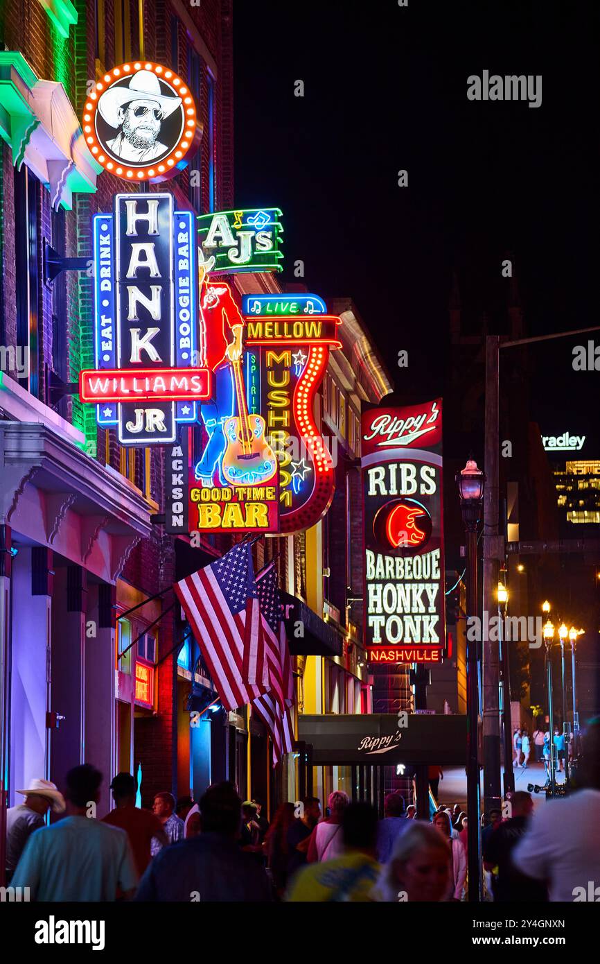 Neon Nightlife of Broadway Nashville Street Level View Stock Photo - Alamy