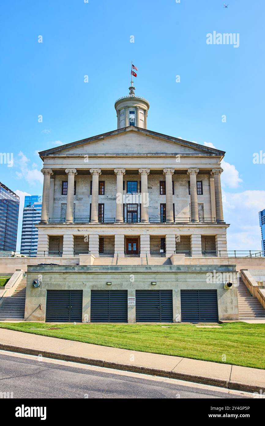 Tennessee State Capitol with Flags in Motion Eye-Level Perspective ...