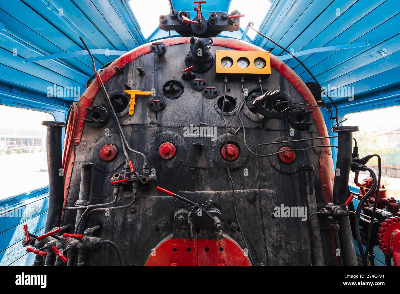 view of the boiler room in the driver's cabin of the old train Stock ...