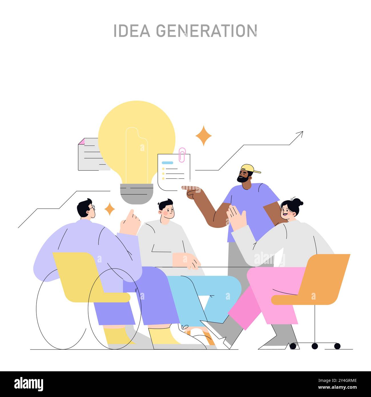 Innovation and R D concept. Team brainstorming around a giant light bulb, representing new ideas ...