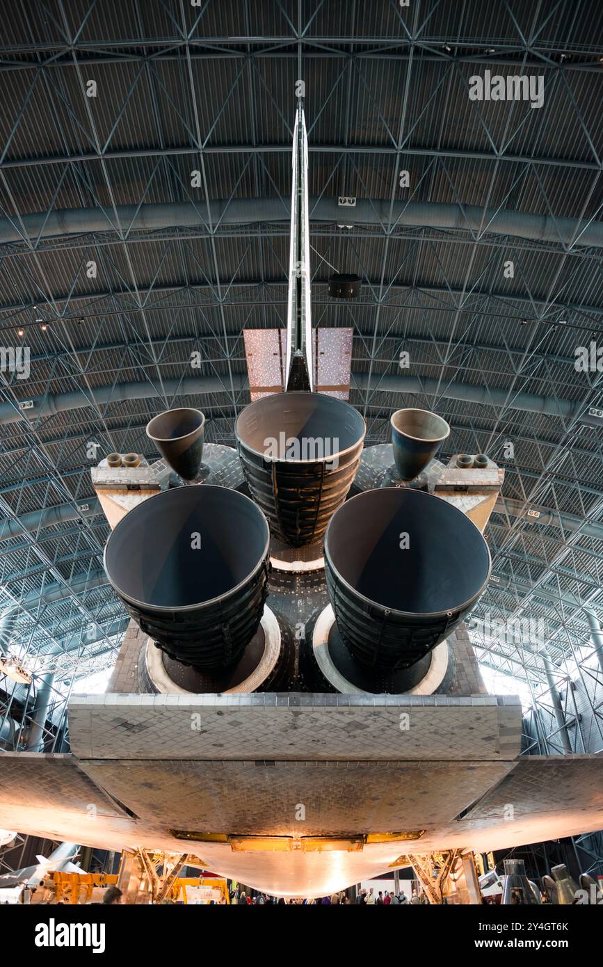 CHANTILLY, Virginia — The rear view of Space Shuttle Discovery displays ...