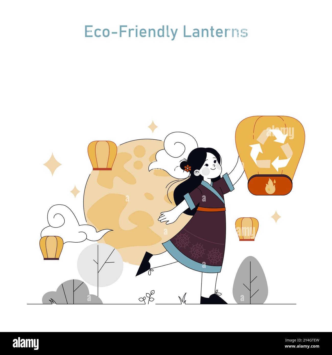 Mid Autumn Festival illustration showcasing eco-friendly lanterns with a character rejoicing in ...
