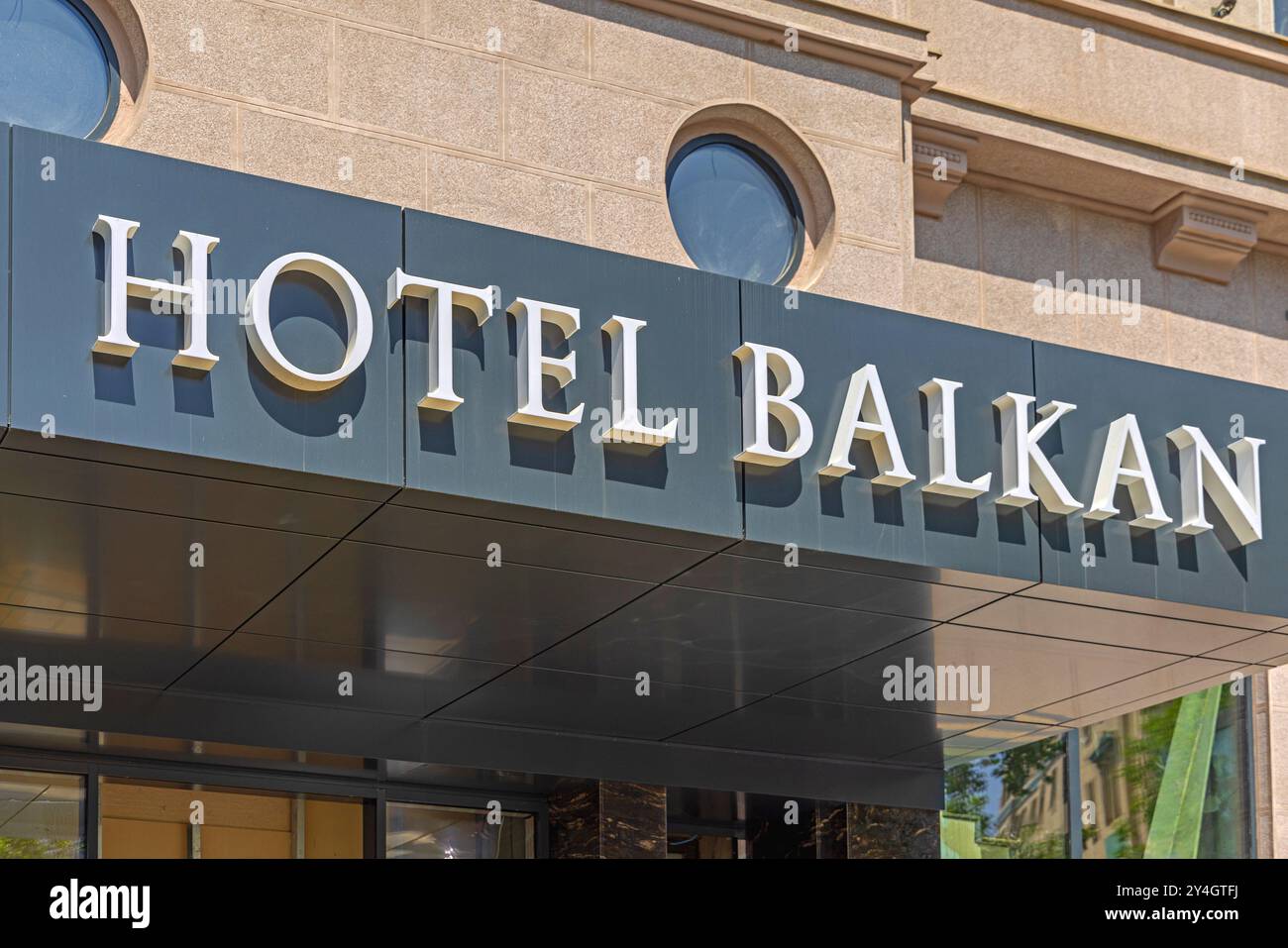 White Sign Hotel Balkan Belgrade Serbia at Sunny Day Stock Photo - Alamy