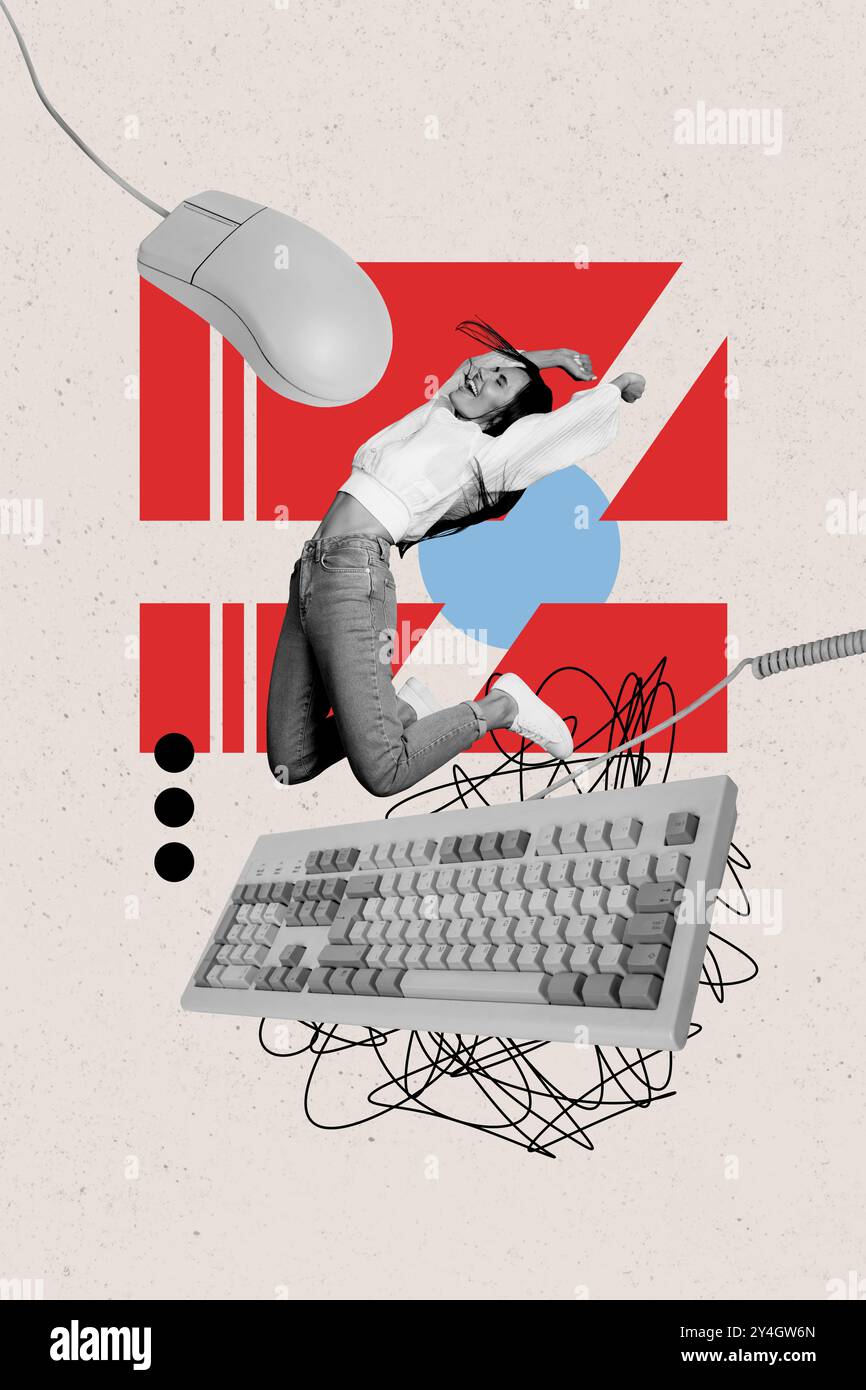 Vertical photo collage of excited girl jump wire keyboard button mouse ...