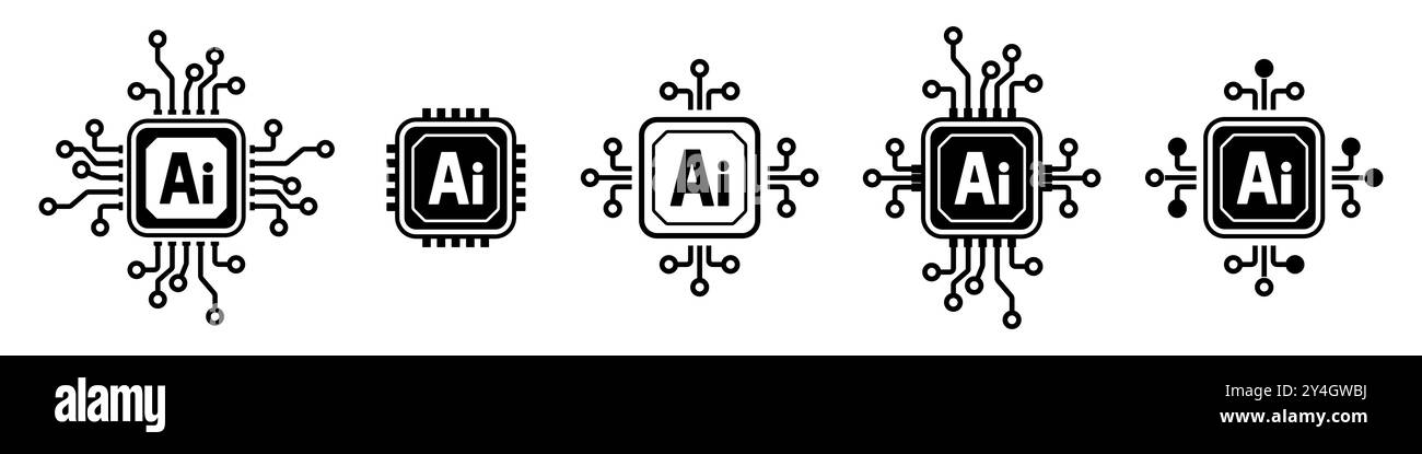 Electronic chip AI processor icon set, Artificial intelligence silhouette logo icon, Digital IT ...