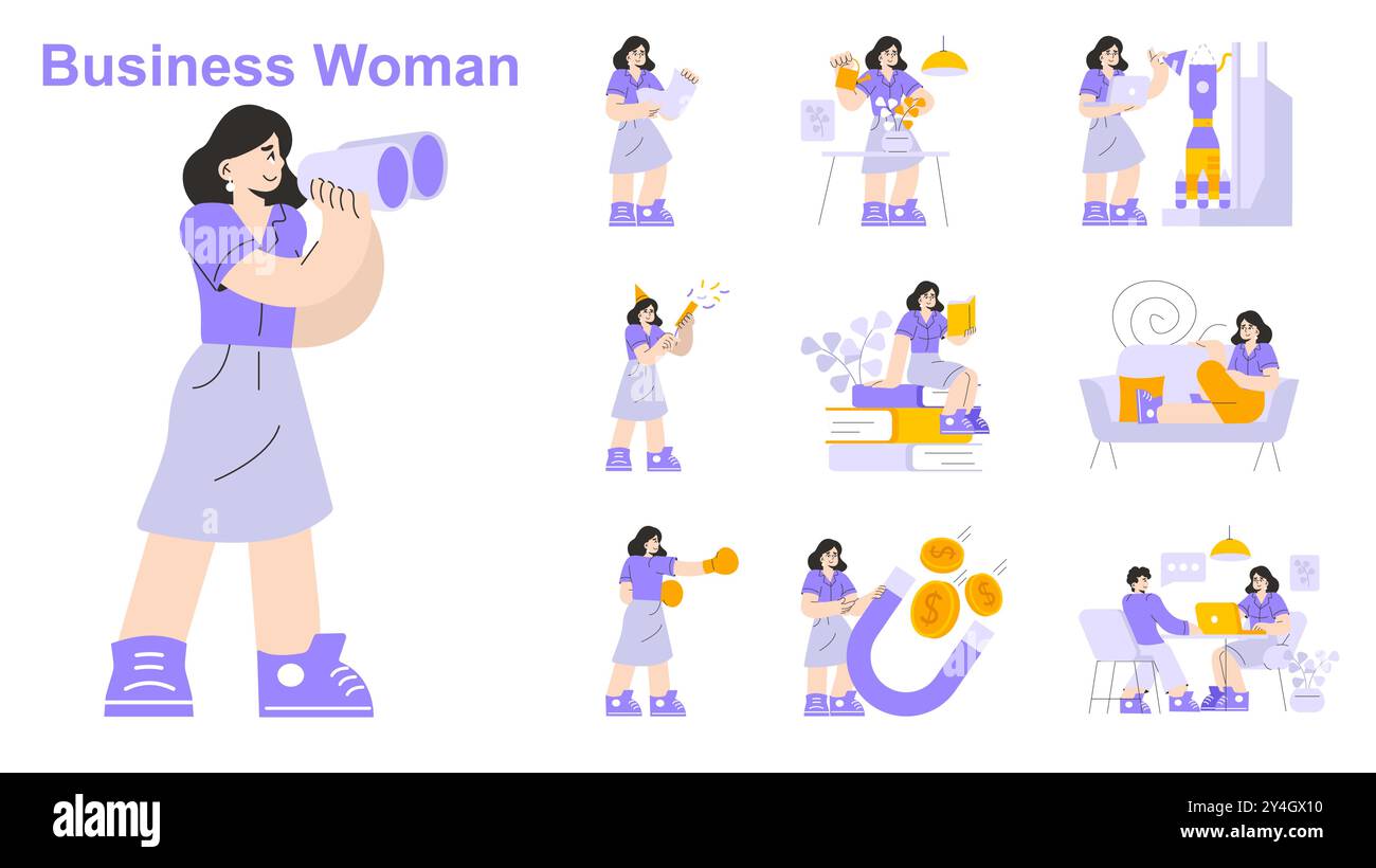 Businesswoman set. Professional woman in diverse roles and activities ...
