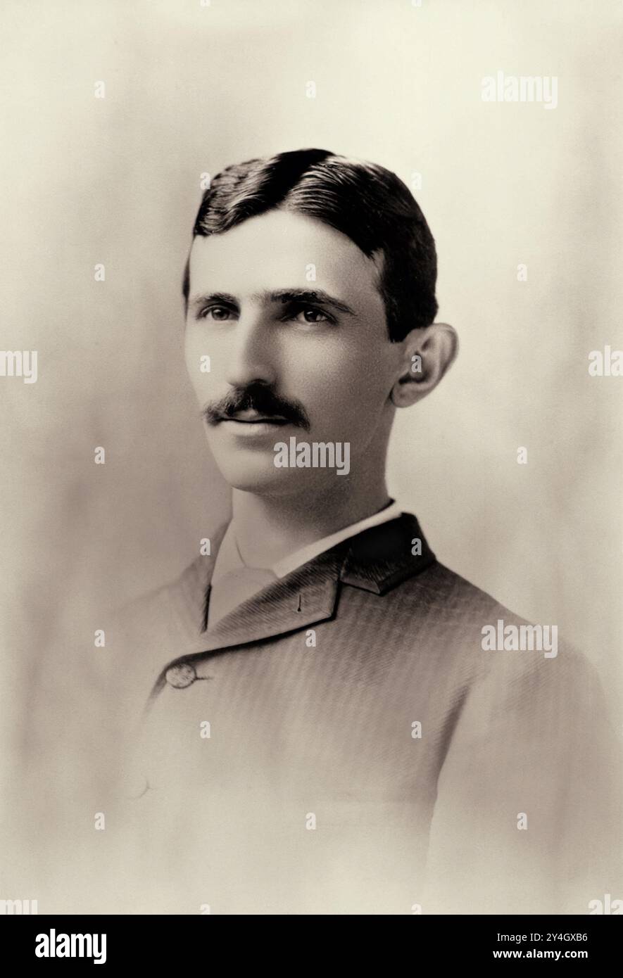 Portrait of famous inventor Nikola Tesla portrait, c 1885, sepia ...