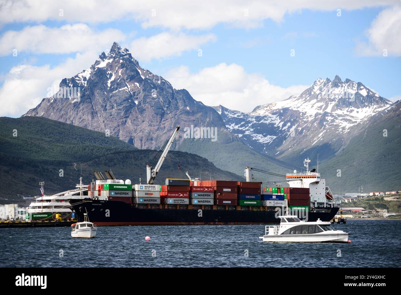The busy shipping port of Ushuaia, Argentina. The distinctive, sharp ...