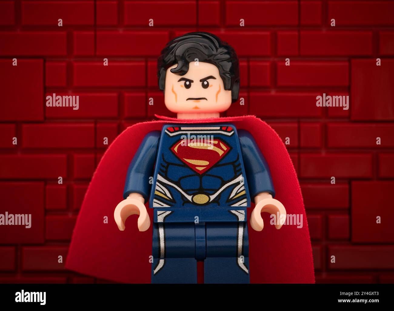 Tambov, Russian Federation - August 21, 2024 Portrait of Lego Superman ...