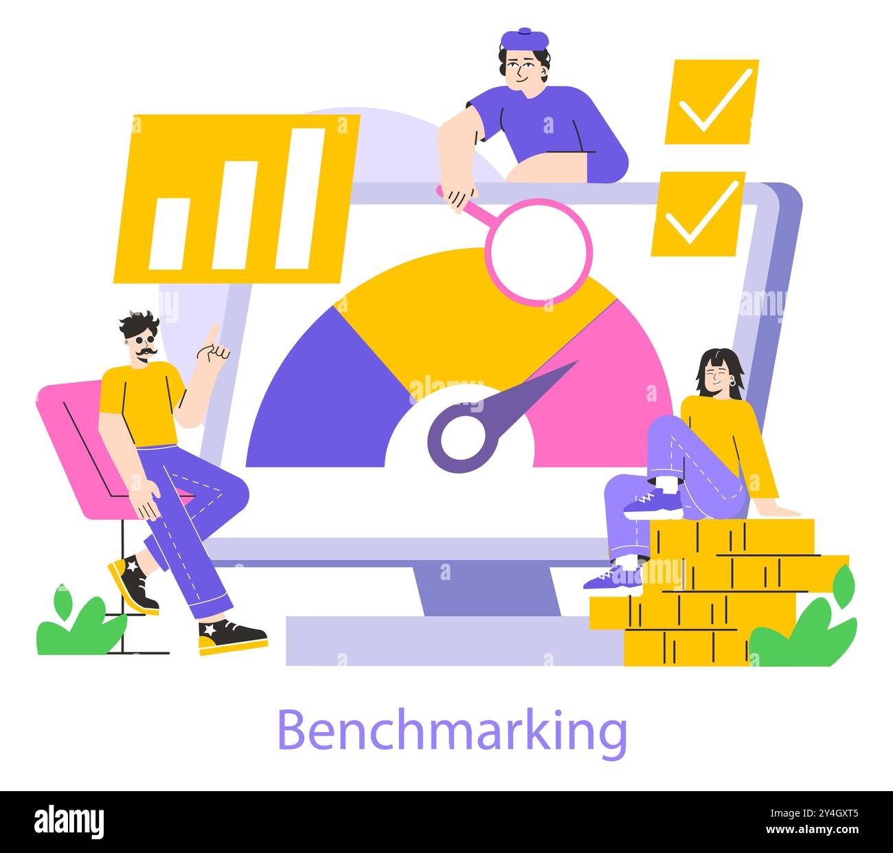 Benchmarking concept. Team analyzes performance metrics alongside best ... Benchmarking concept. Team analyzes performance metrics alongside best ...