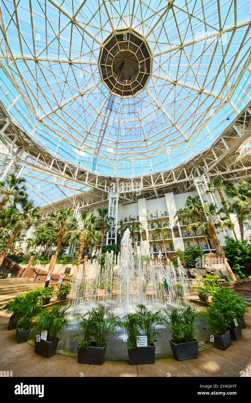 Grand Atrium with Glass Dome Ceiling and Fountain from Below Stock ...