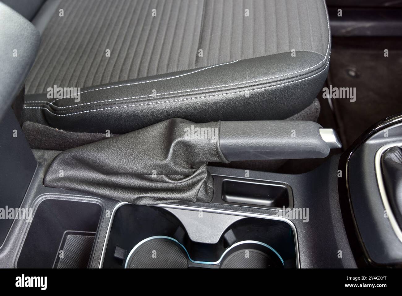 Manual brake in interior of modern car. Car parking brake. Handbrake ...