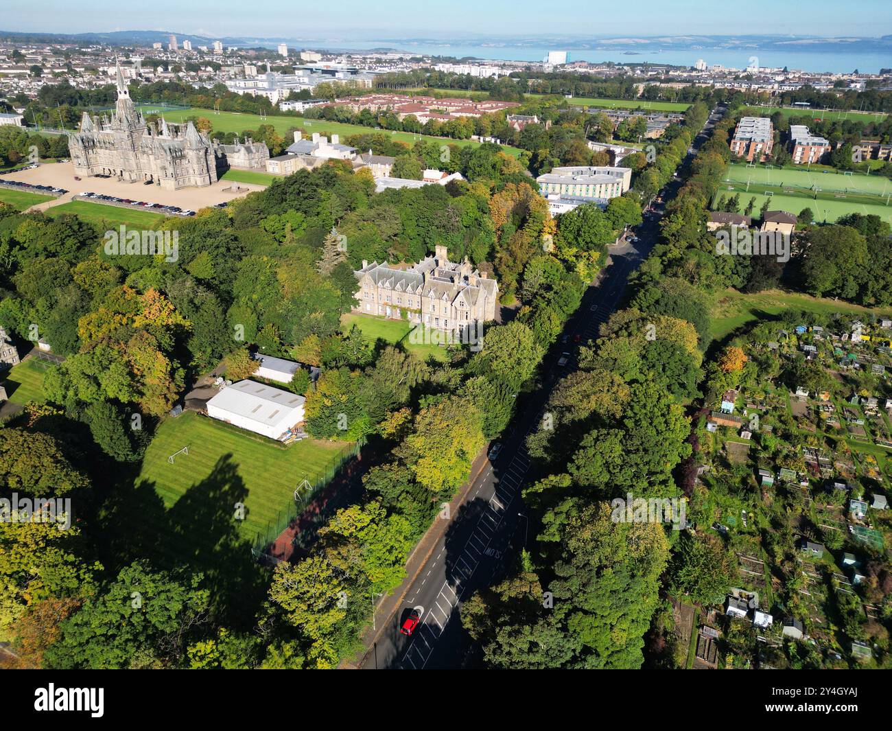 Aerial view of Fettes College, Craigleith area, Edinburgh, Scotland ...