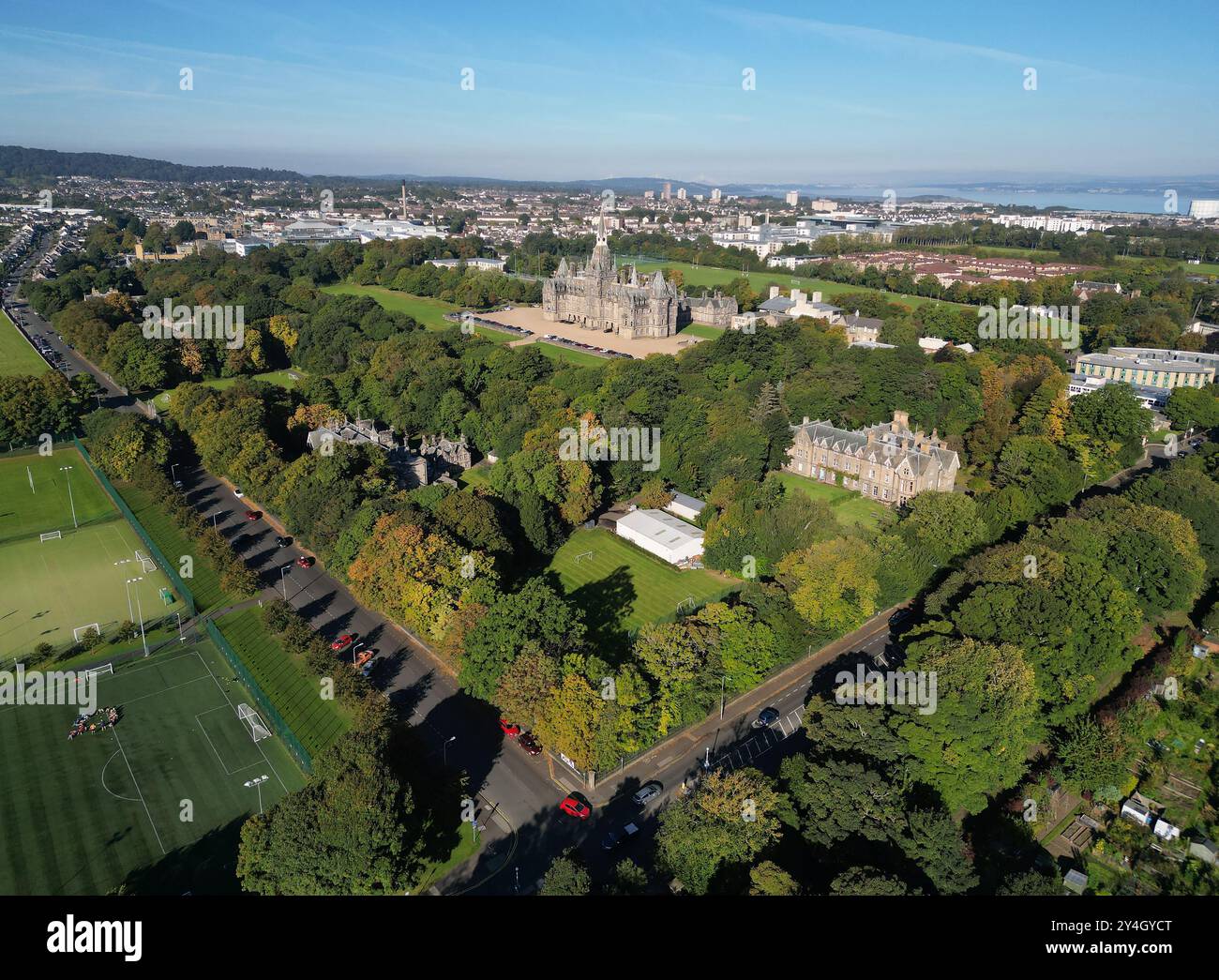Aerial view of Fettes College, Craigleith area, Edinburgh, Scotland ...