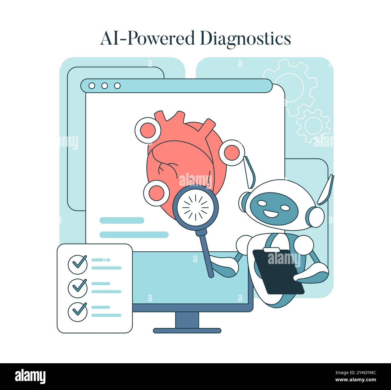 Medical technology concept. A robot utilizing AI for heart diagnostics on a computer screen ...