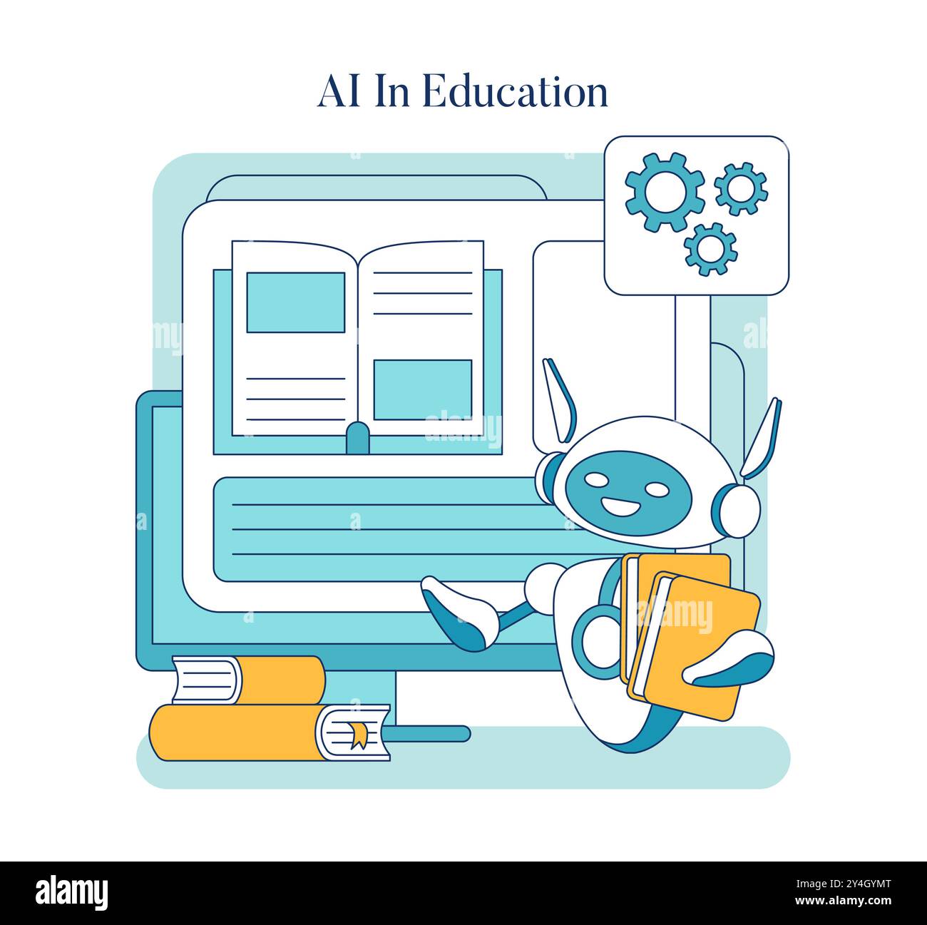 AI in Education concept. A friendly robot with books demonstrating ...