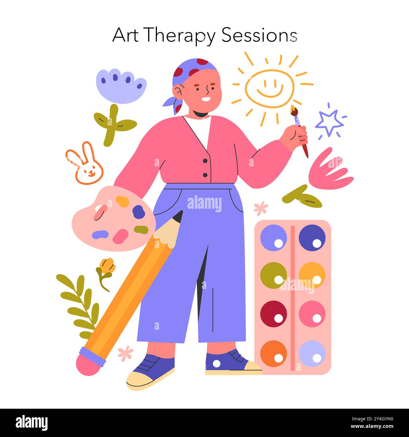 Art therapy sessions concept. Illustration of a person creating art ...