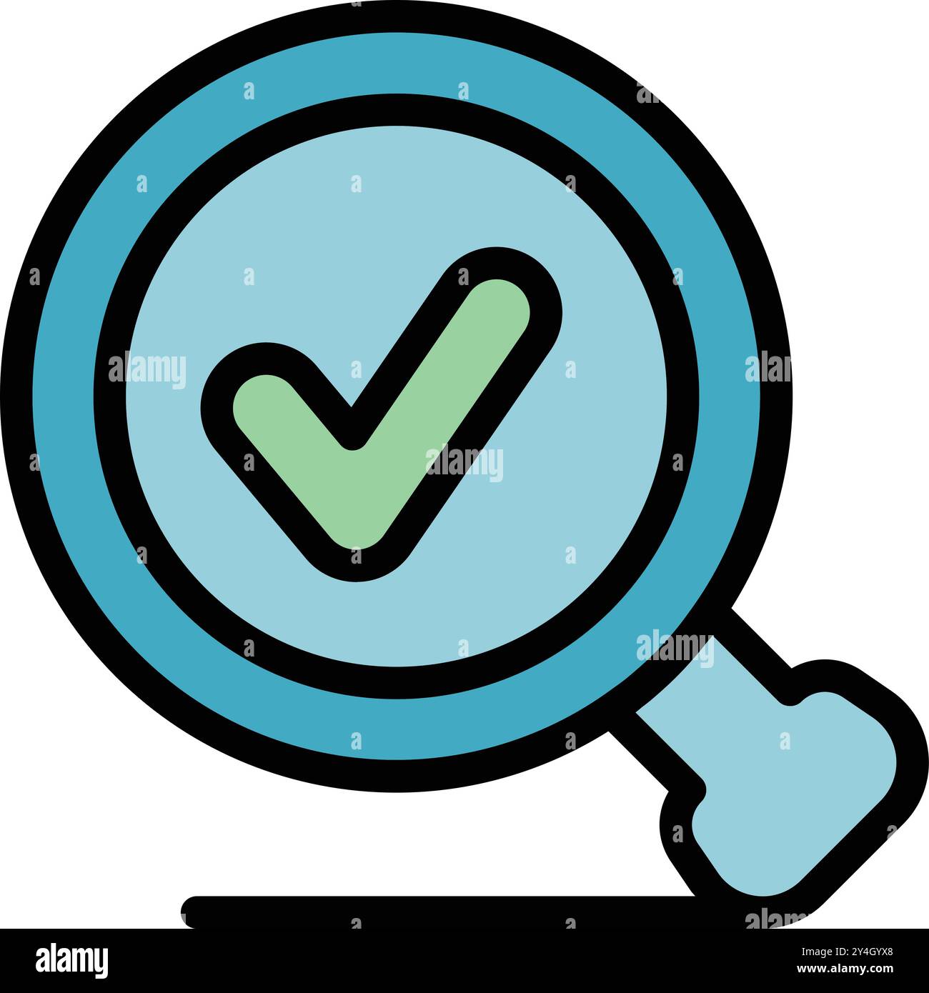 Magnifying glass is focusing on a green check mark symbol, indicating ...