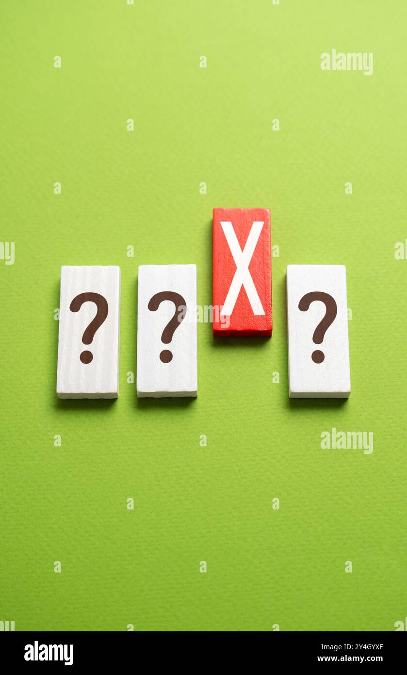 Question marks and red X. Test. Choose the wrong answer. Mistake ...