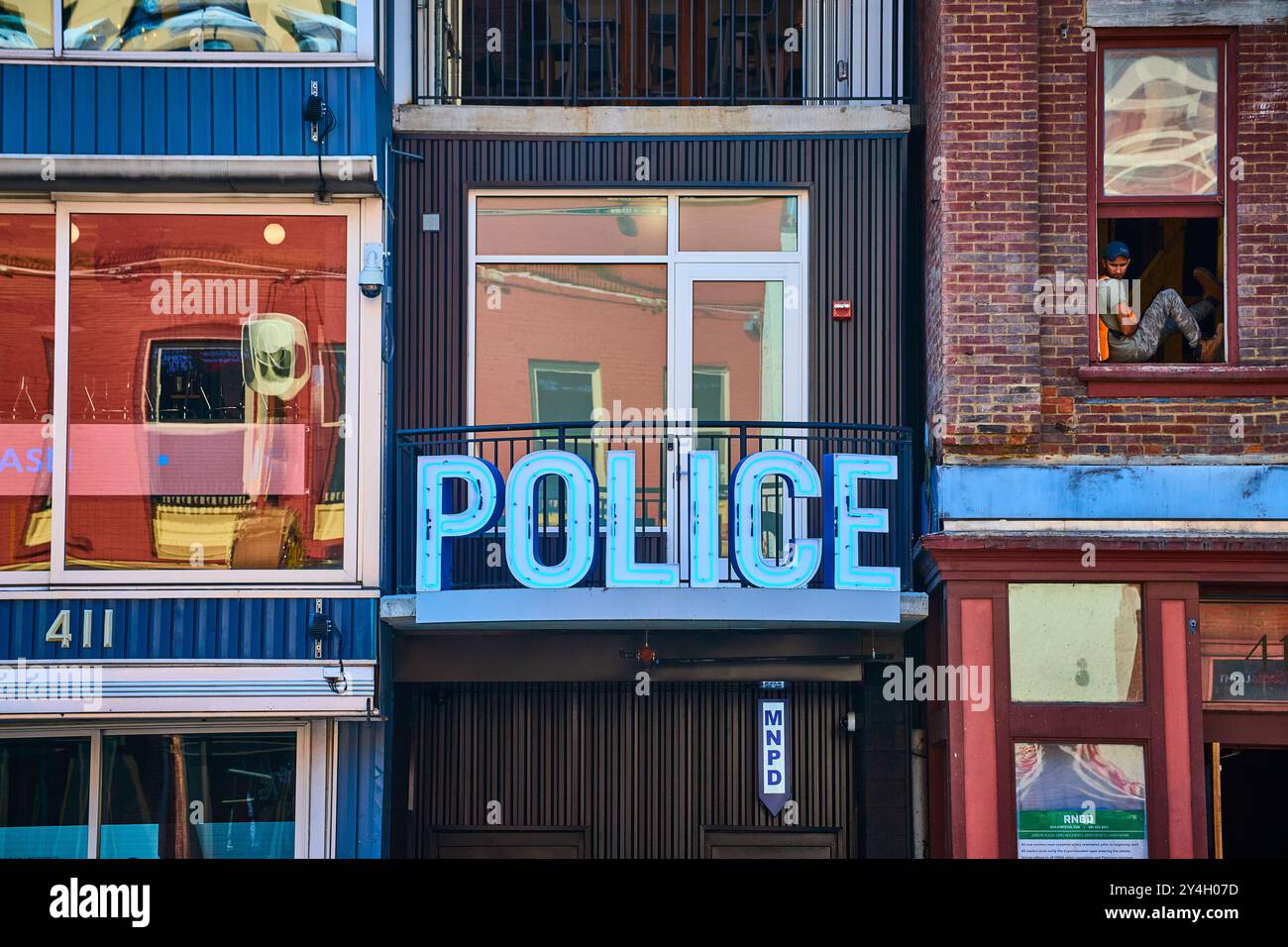 Bright Police Station Facade with Urban Reflection Eye-Level View Stock ...