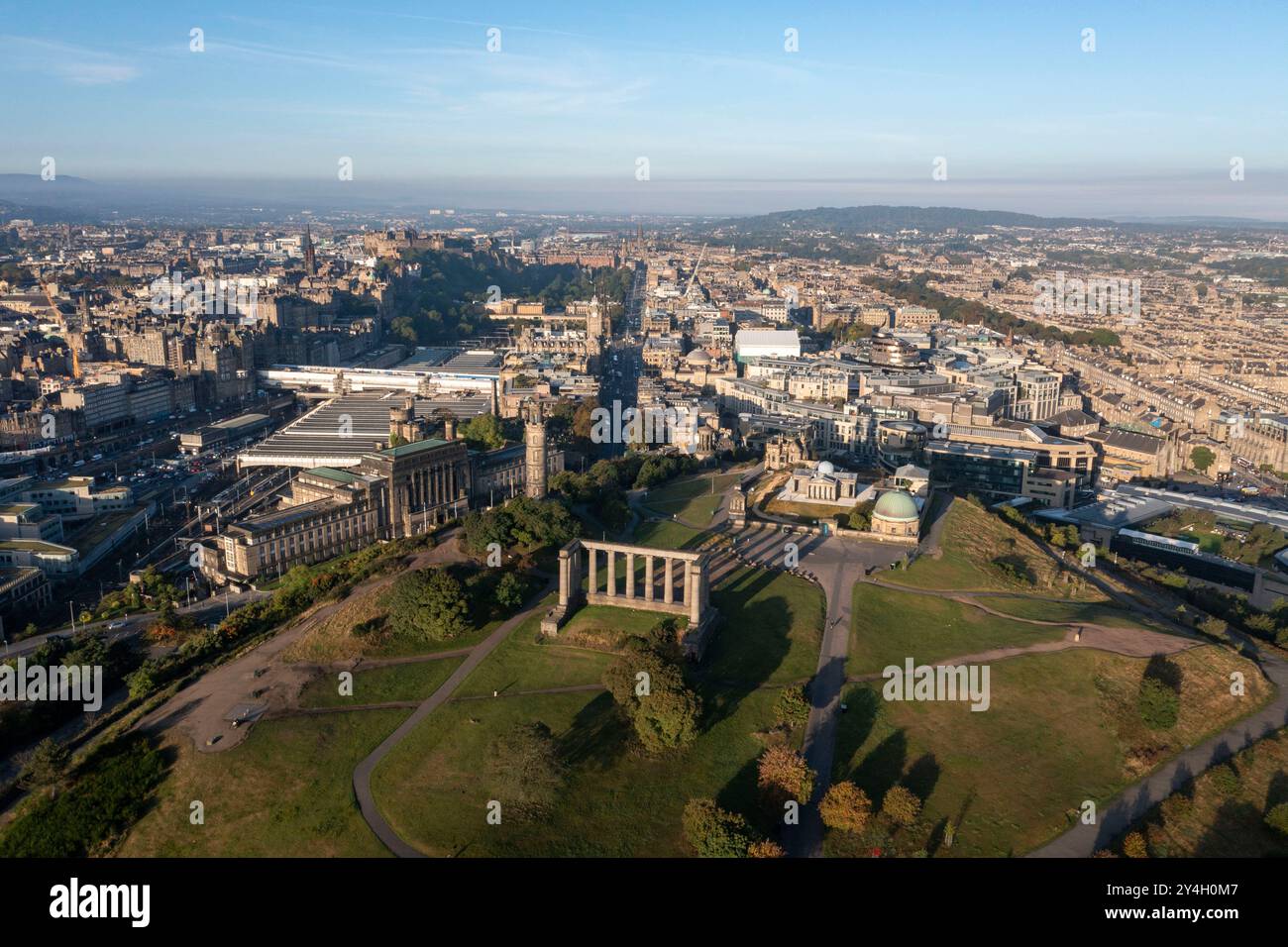 Aerial drone view of the National Monument, Nelson Monument and the ...