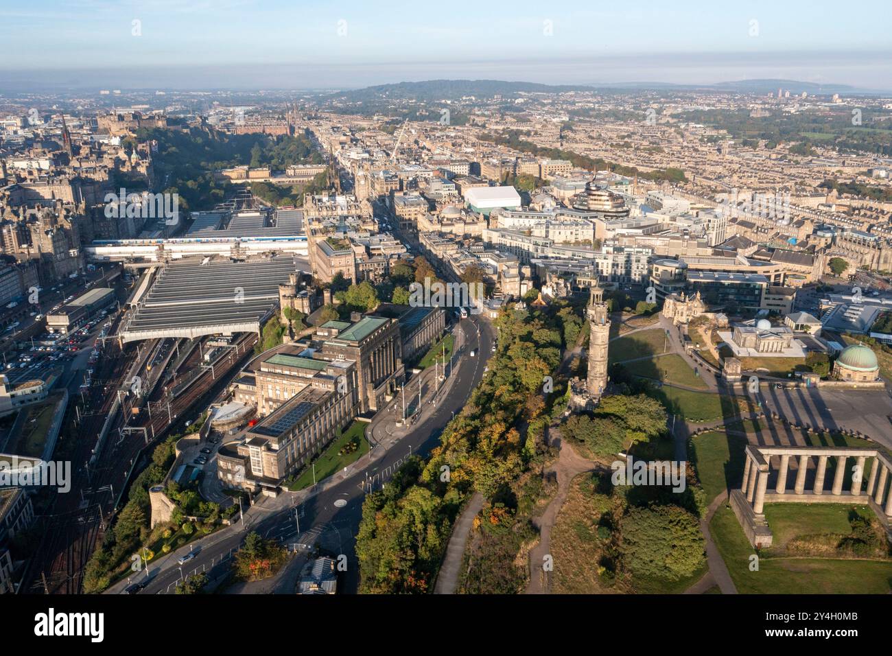 Aerial drone view of the National Monument, Nelson Monument and the ...
