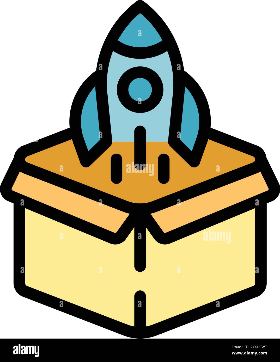 Blue and white rocket launching from a cardboard box, representing a ...