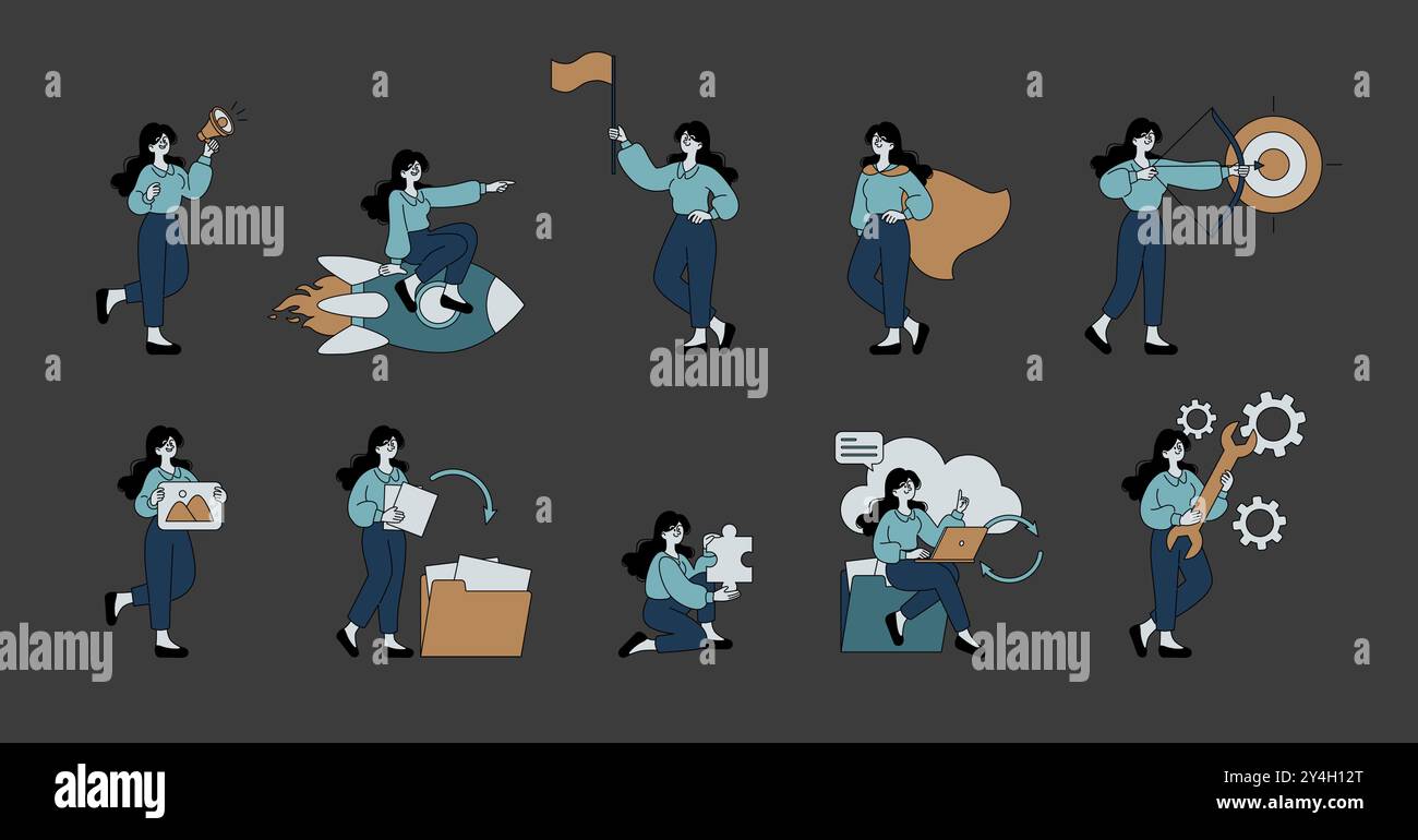 Businesspeople set. Female professionals engaging in various work ...