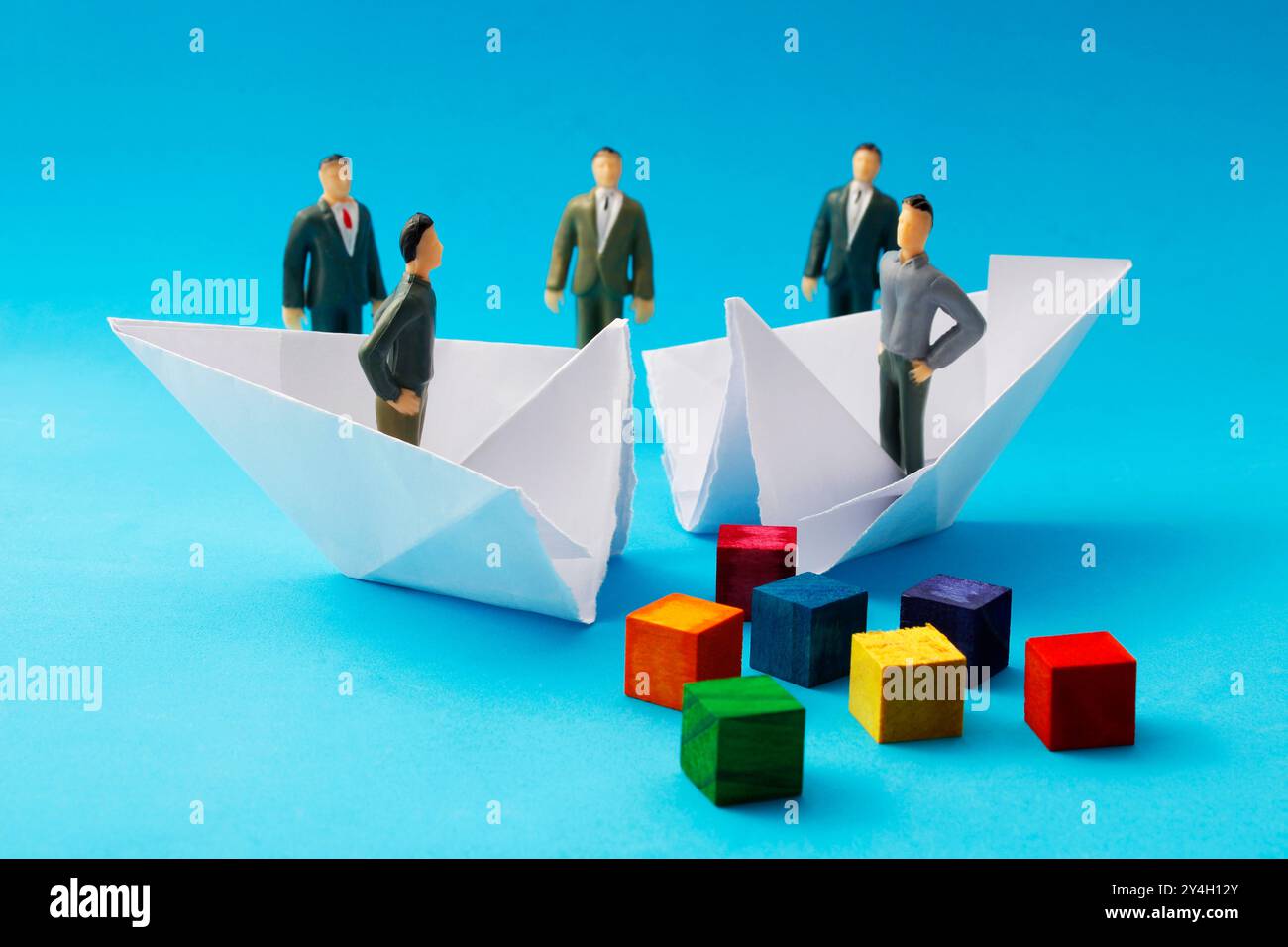 Broken ship with lost cargo, group observing divided opinions of two ...