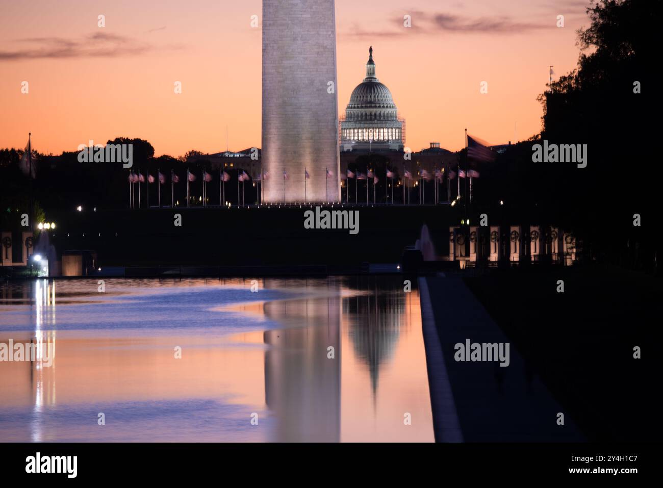 The predawn sky on the National Mall in Washington DC, with the ...