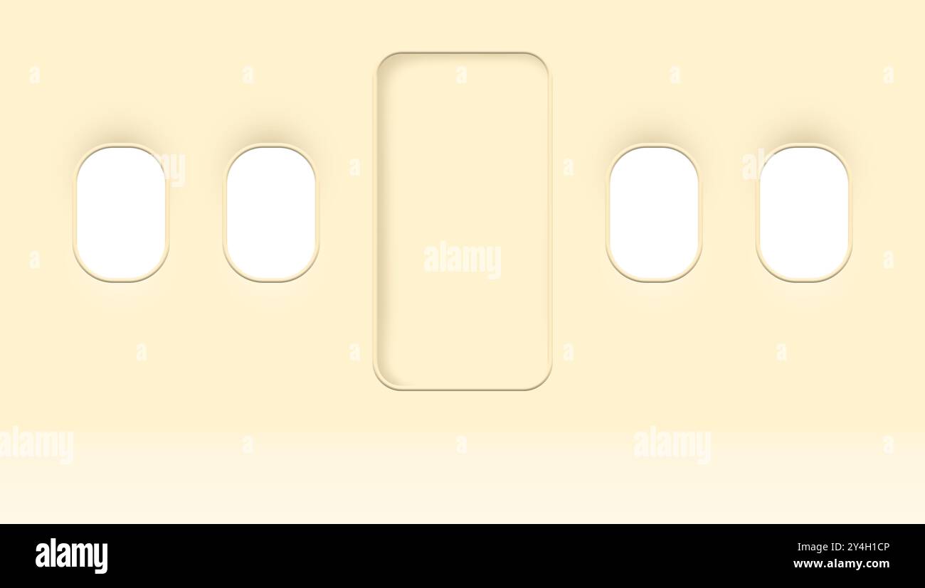 Airplane windows and door, view from inside cabin with beige sidewall ...