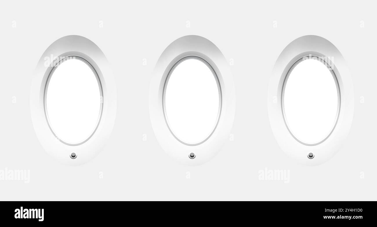 Airplane windows, view from inside cabin with white sidewall Stock ...