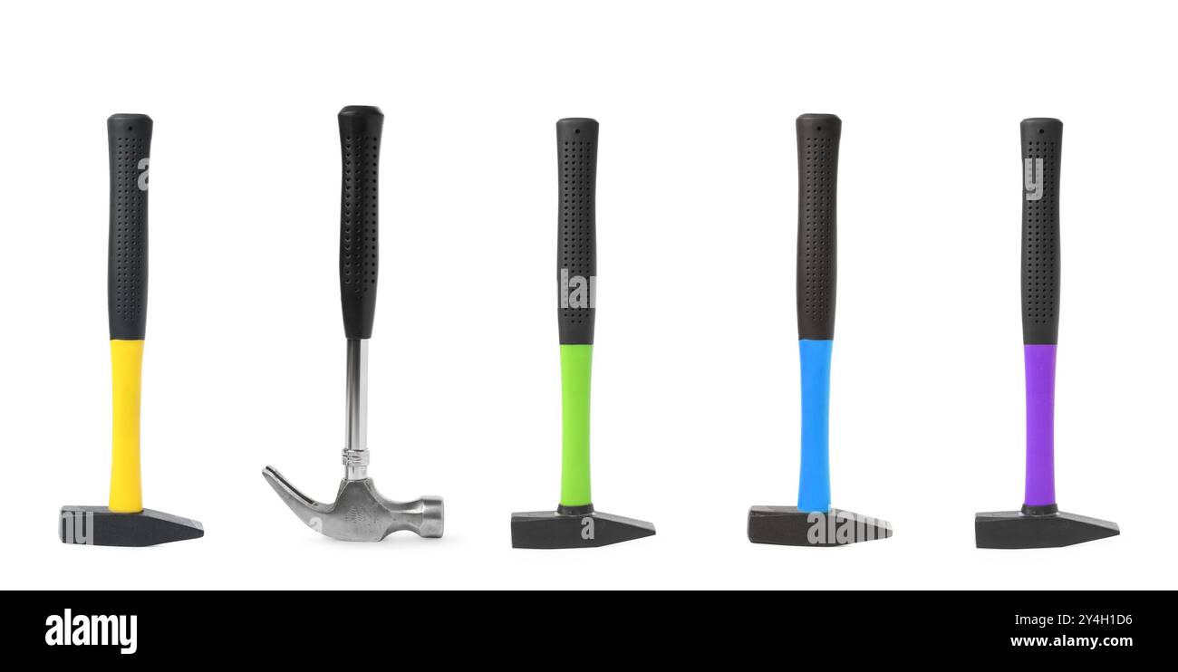 Collage with different hammers on white background Stock Photo - Alamy