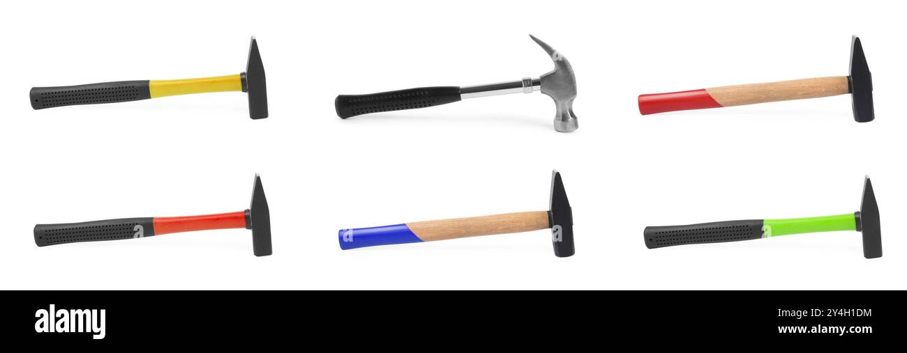 Collage with different hammers on white background Stock Photo - Alamy