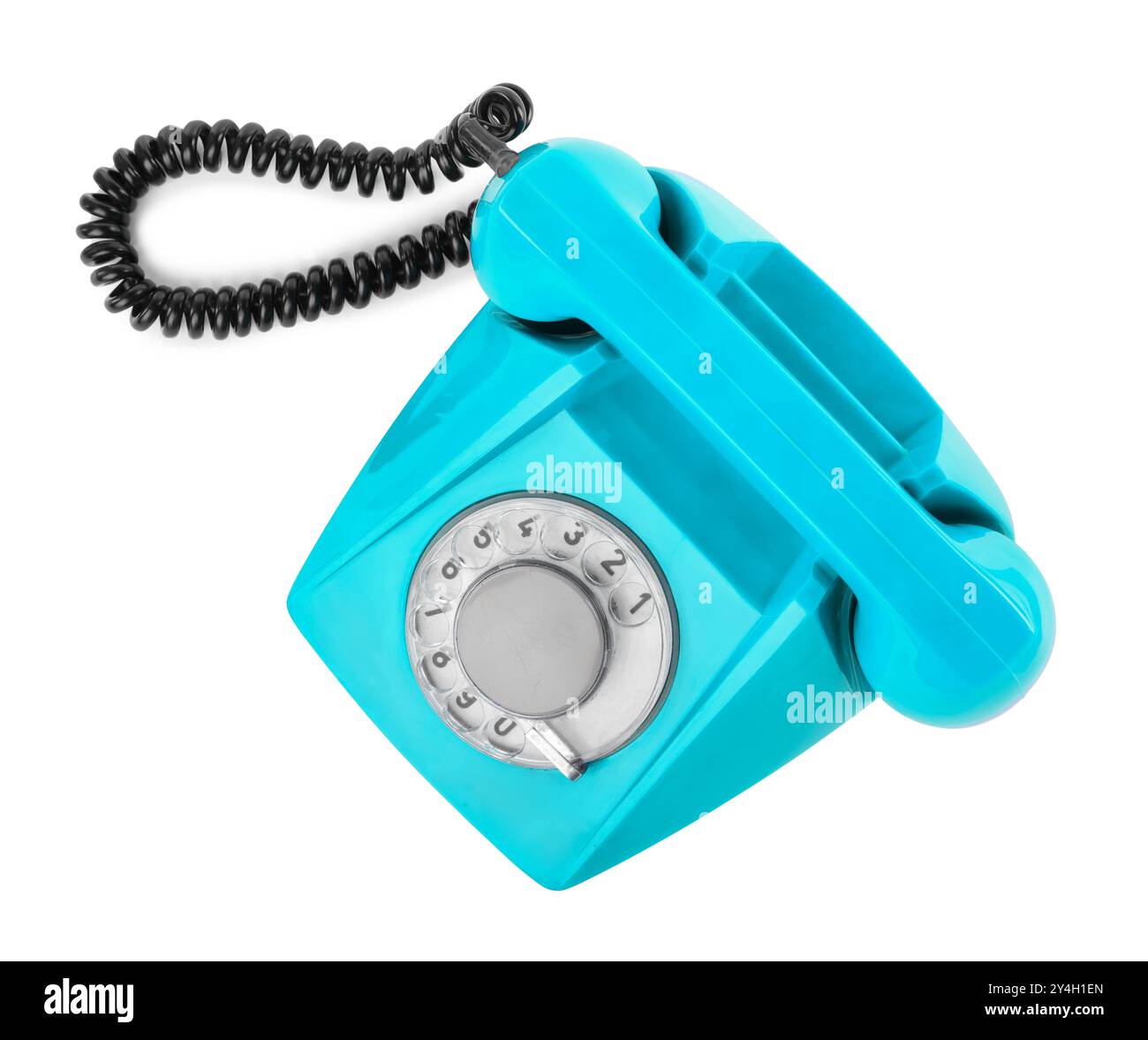 Old light blue telephone with rotary dial isolated on white, top view ...