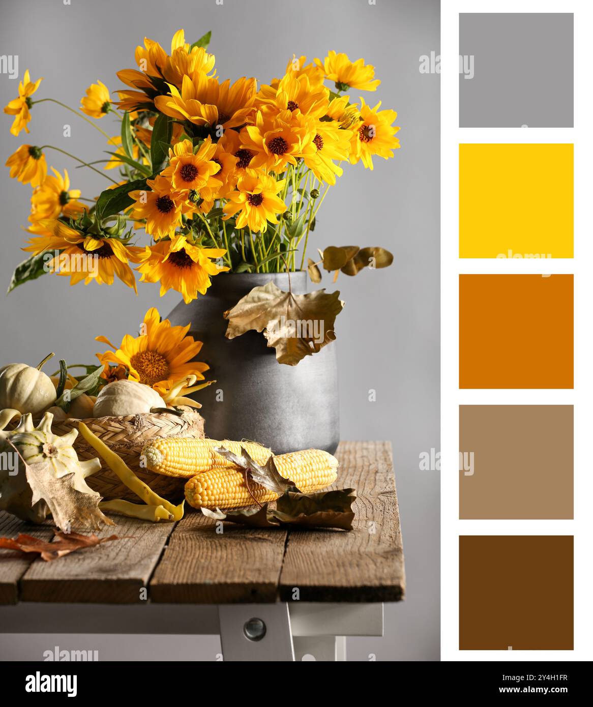 Shades of fall. Autumn still life on wooden table and matching color ...