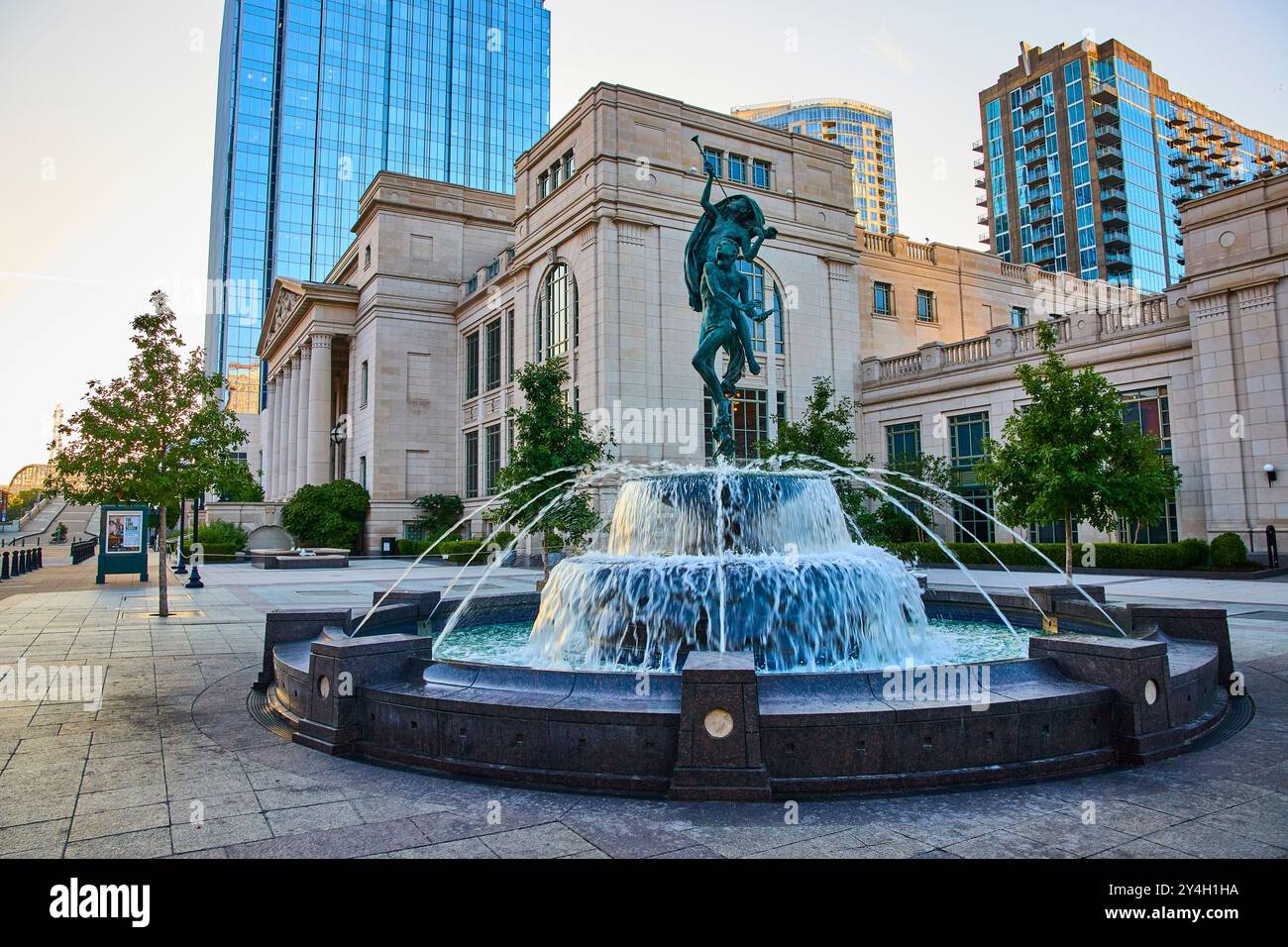 Fountain and Classical Architecture Surrounded by Skyscrapers Eye Level ...