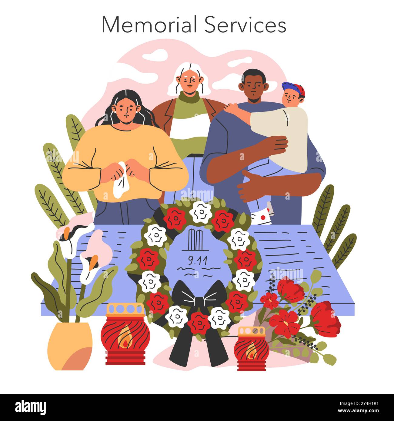 Patriot Day illustration. Commemoration of 9 11 with diverse people ...