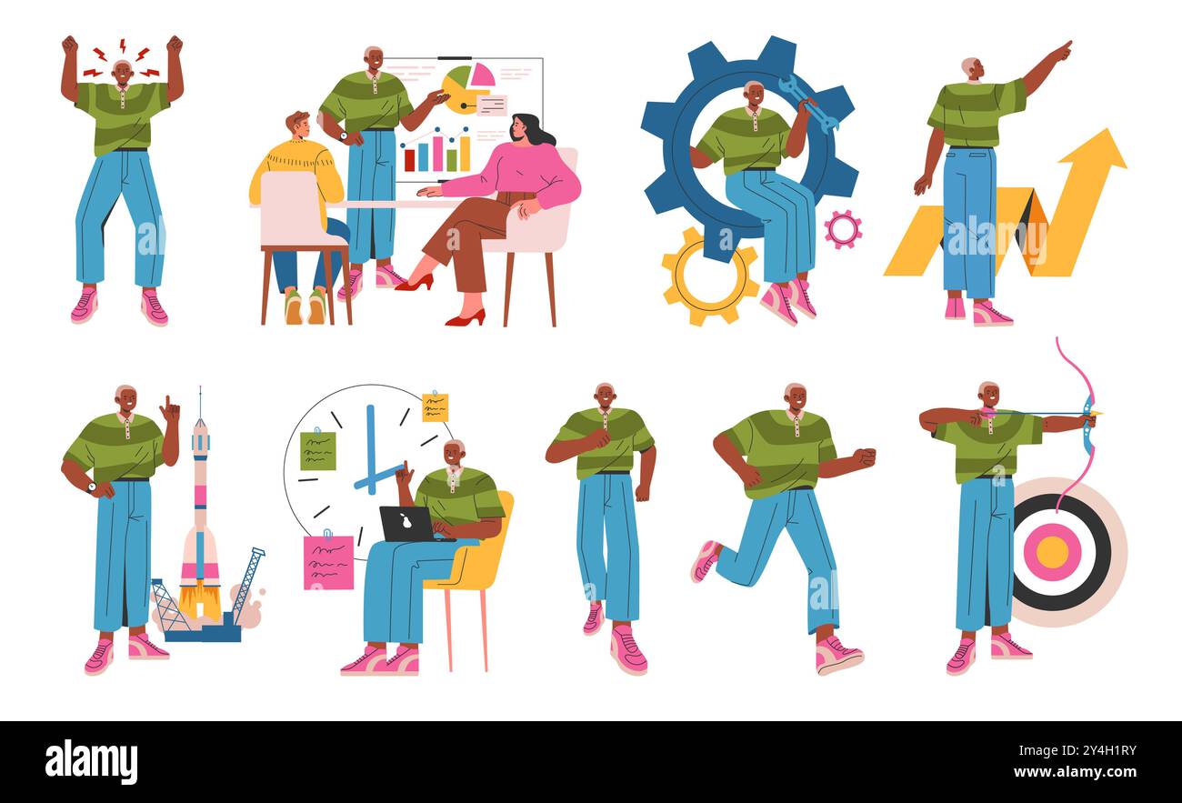 Businessman concept set. Diverse corporate activities and success ...