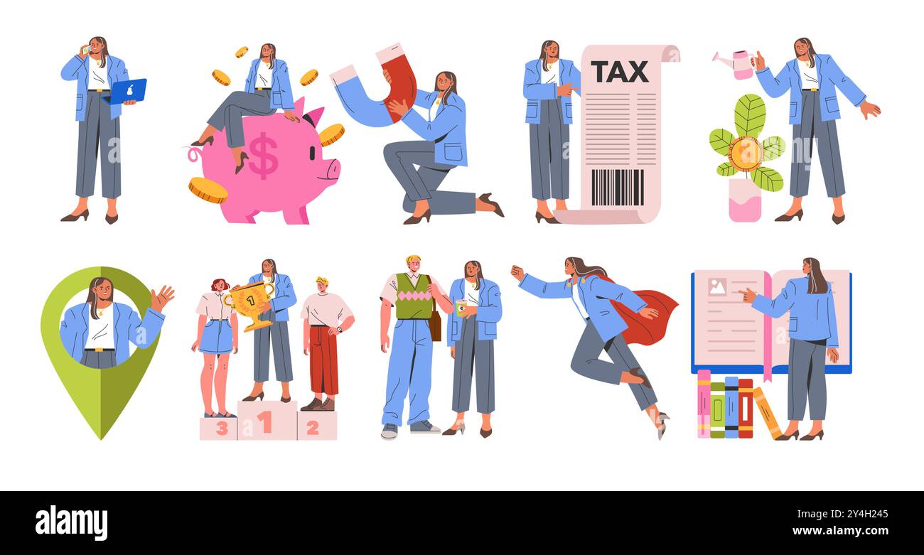 Businesswoman set. Professional female in various activities, financial ...