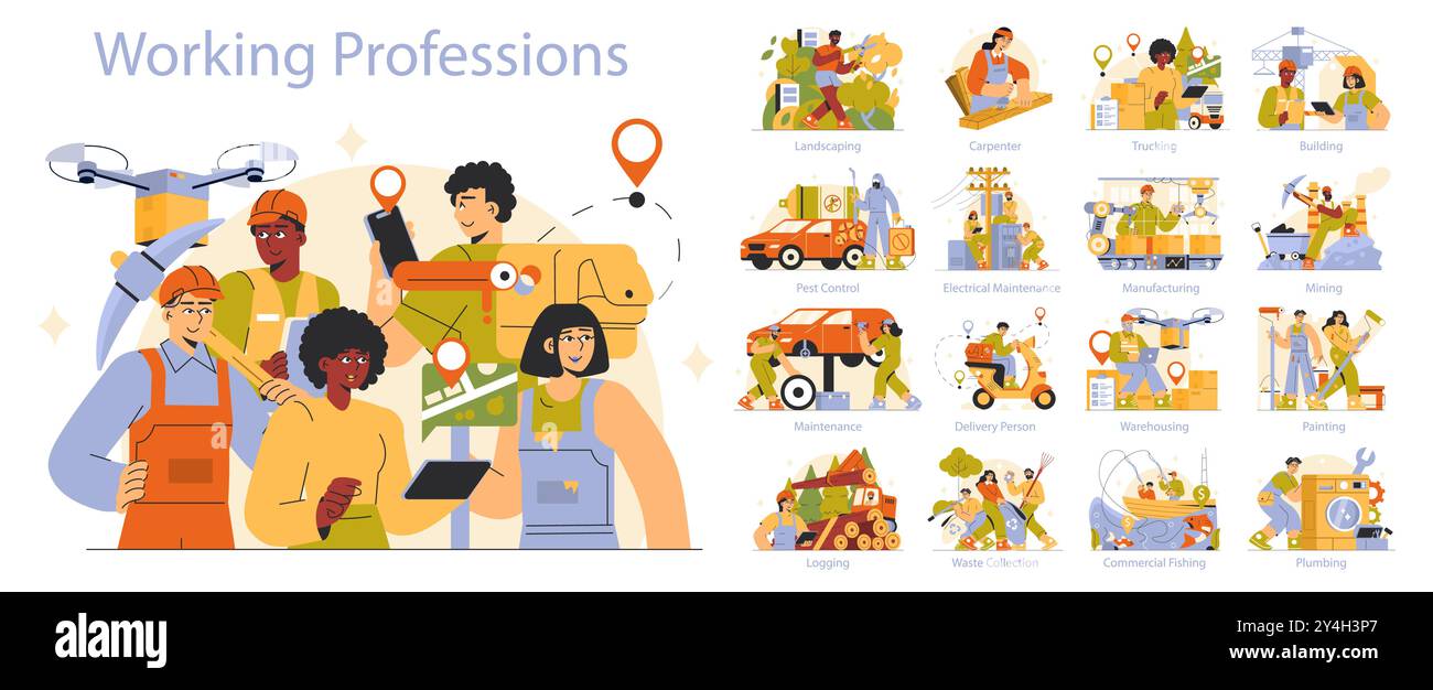 Working Professions set. Diverse jobs from landscaping to plumbing ...