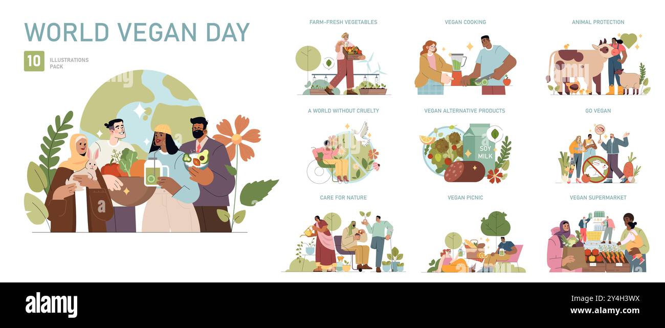 World Vegan Day set. Diverse people engage in vegan lifestyle ...