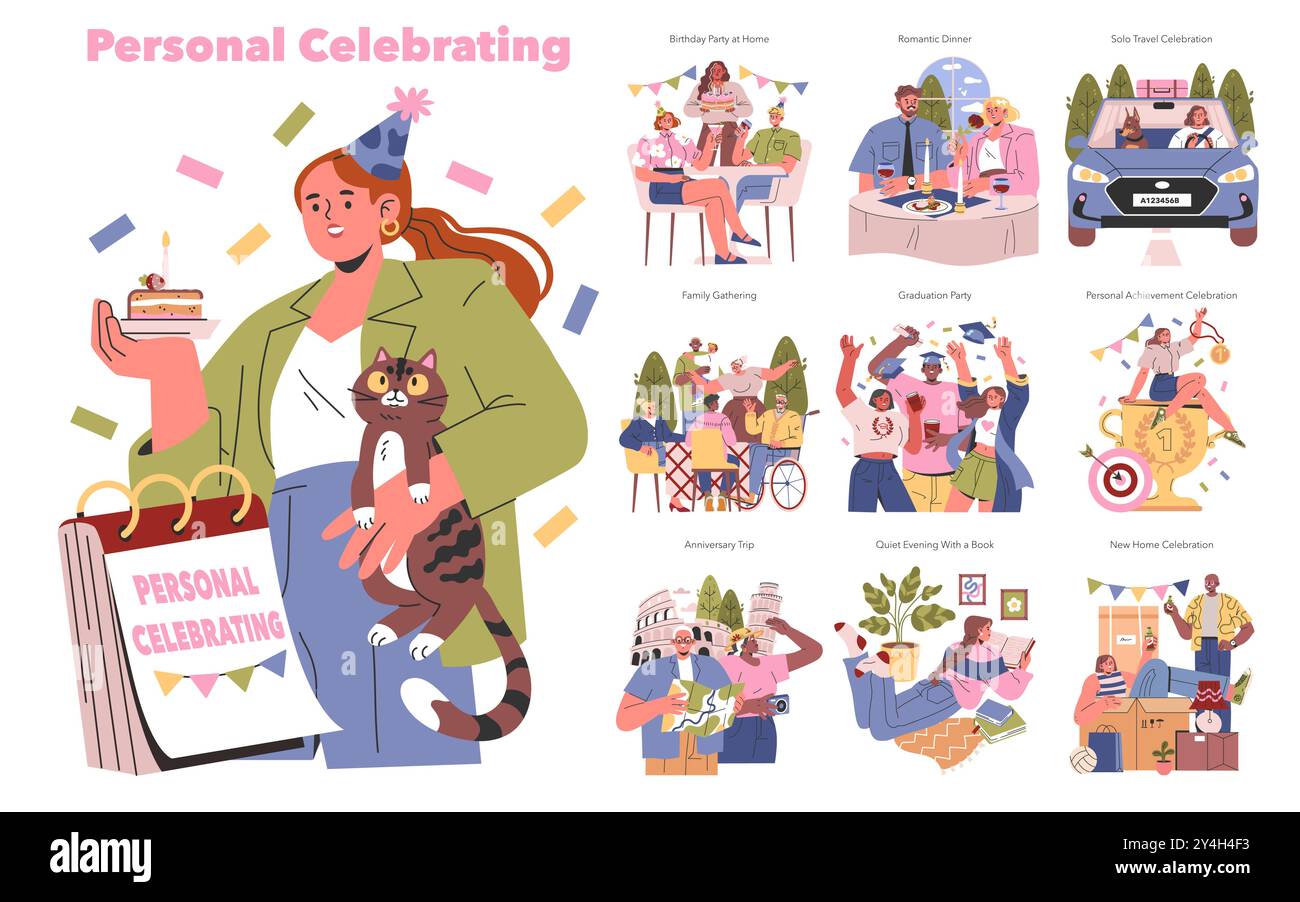 Personal celebrating concept set. Diverse moments of individual joy and ...