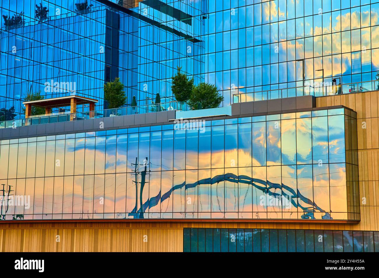 Modern Urban Office Building Reflection at Golden Hour Rooftop View ...