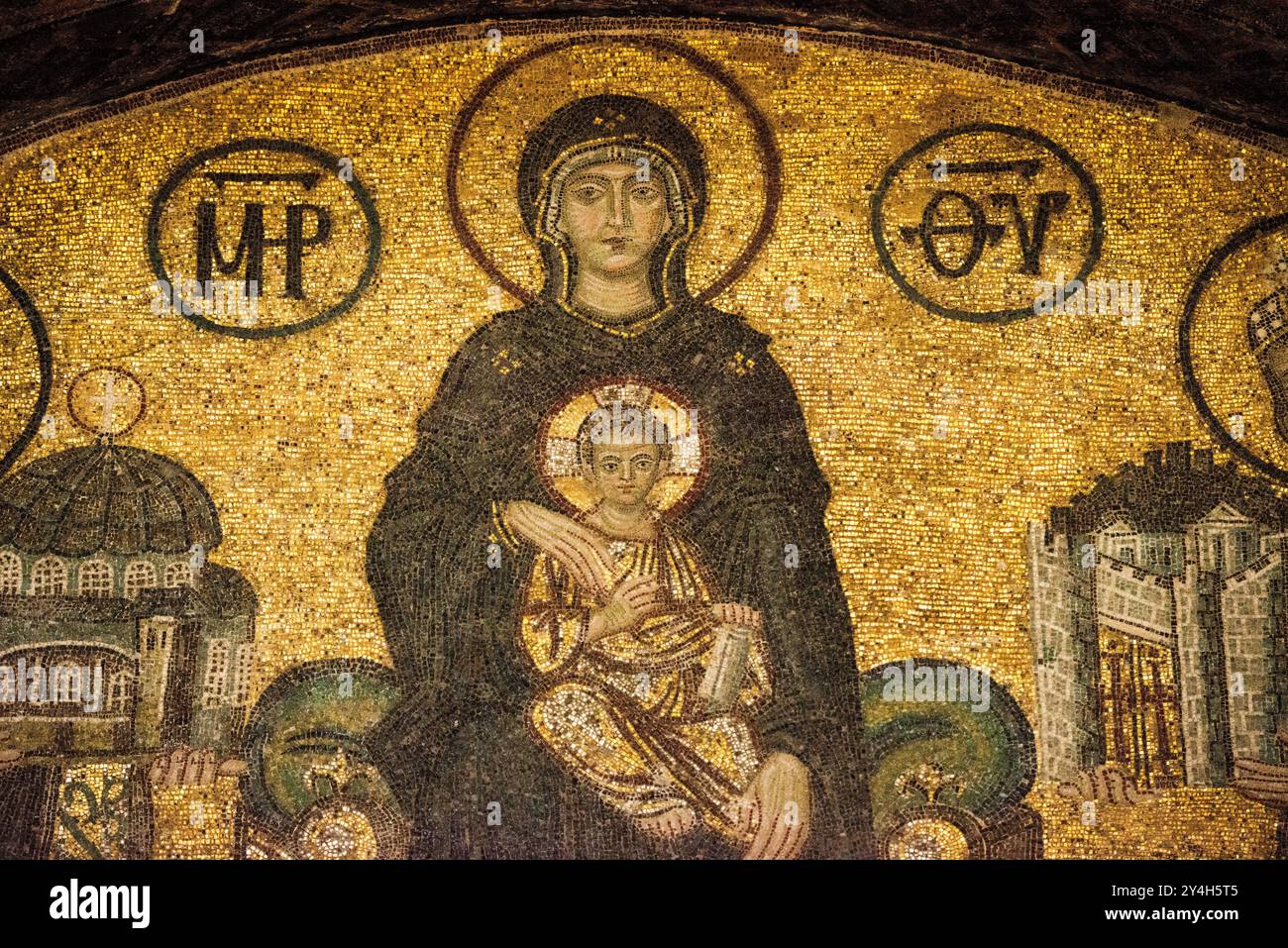 A mosaic depicting the Virgin Mary and child flanked by Justinian I and ...