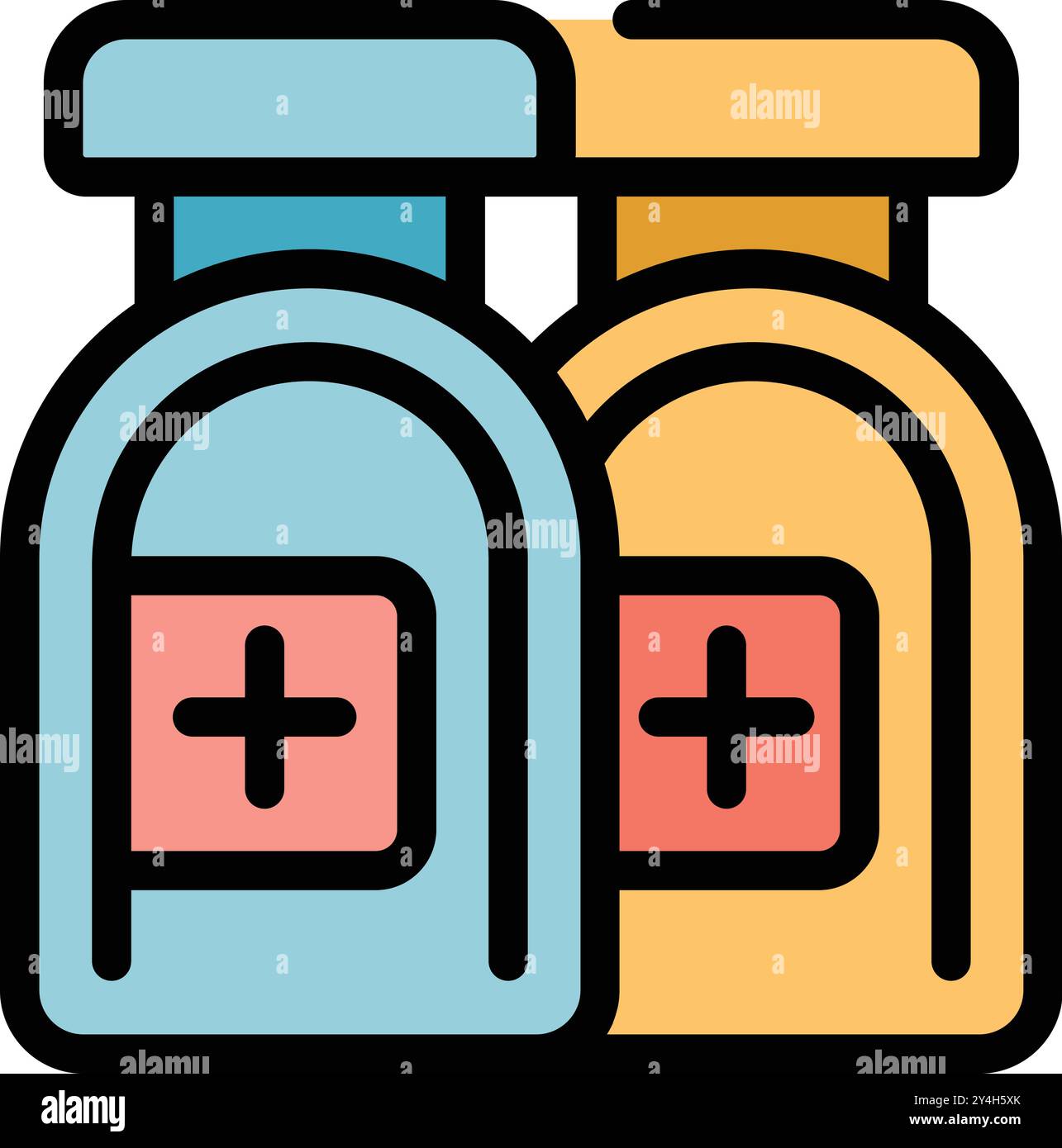 Two medical bottles standing next to each other with cross symbol on ...